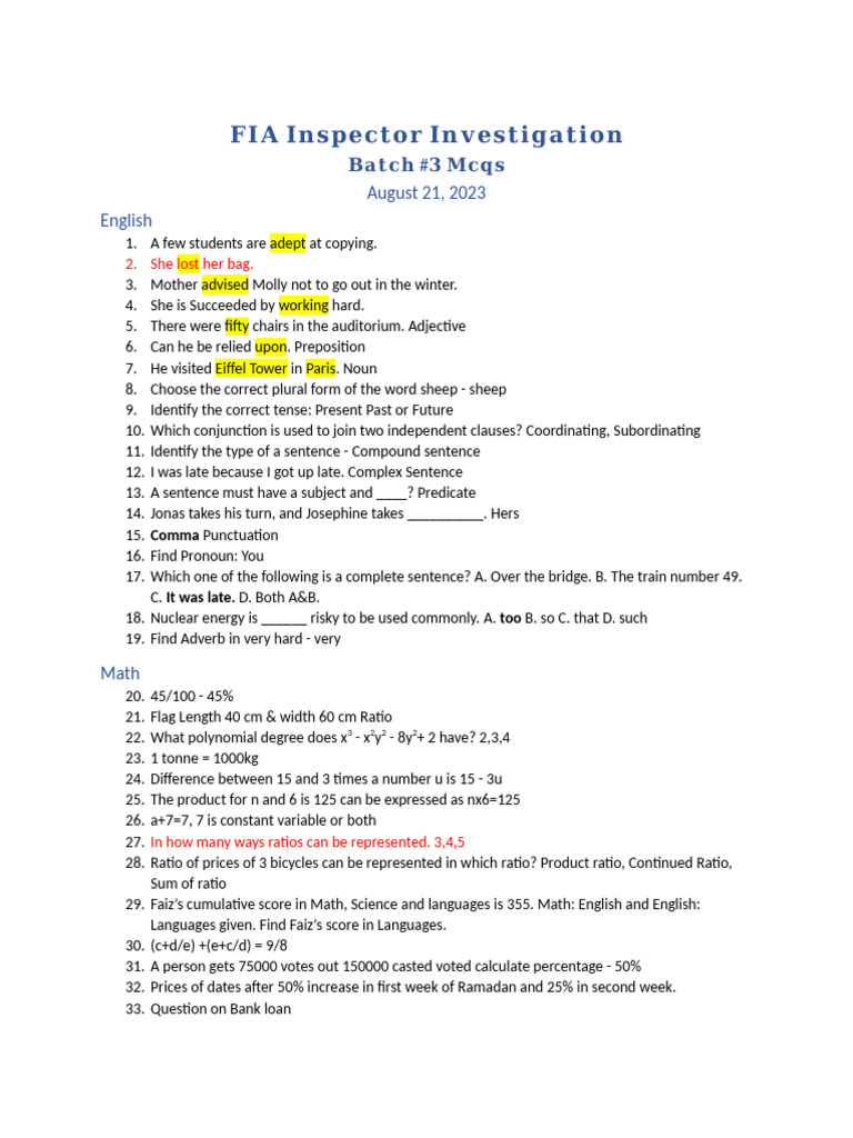 Inspector FIA Batch 3 Mcqs | PDF | Language Mechanics | Linguistics