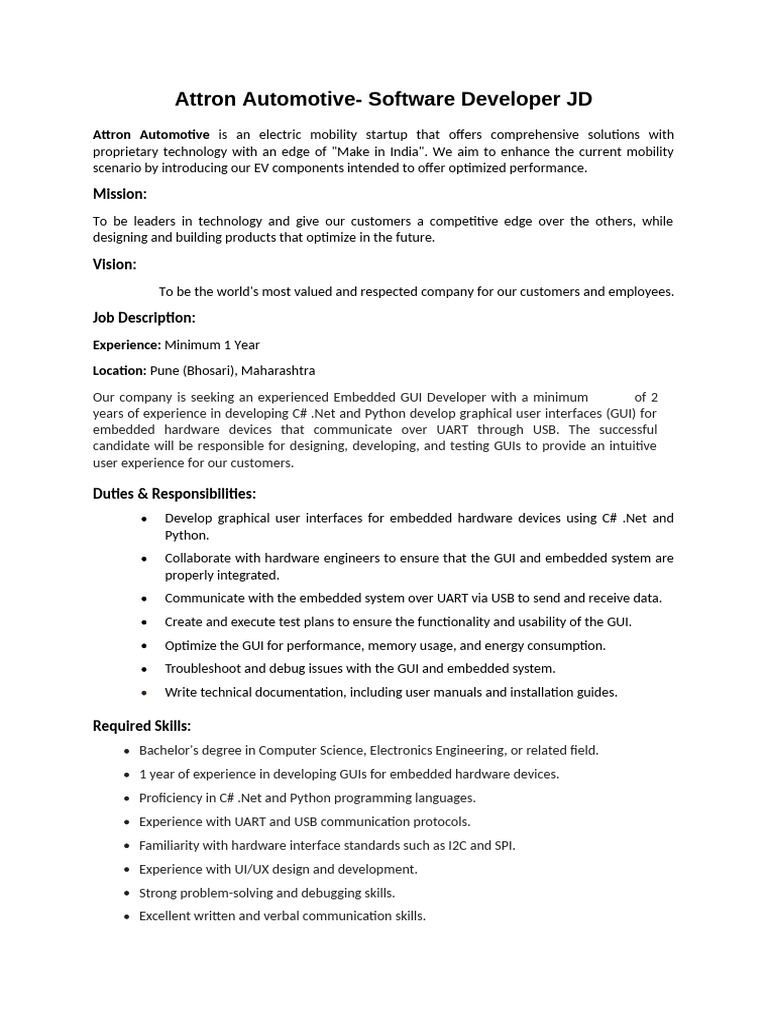 JD Software Developer | PDF | Embedded System | Graphical User Interfaces