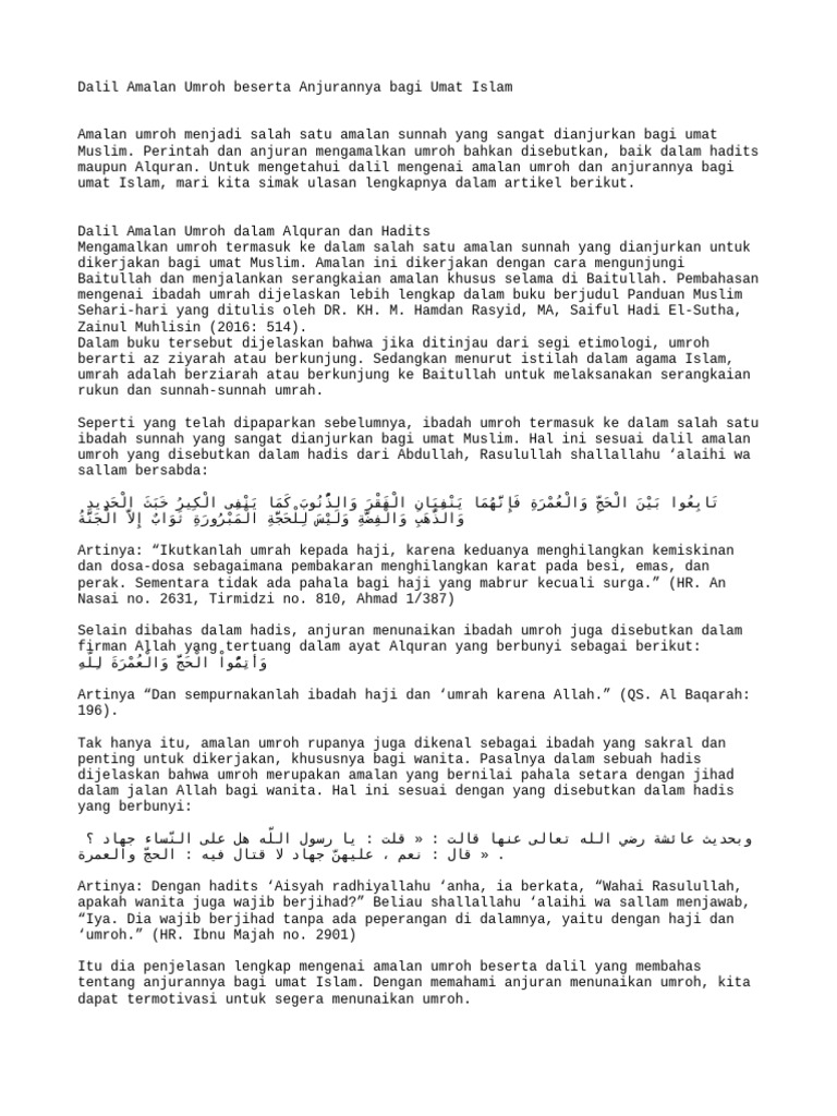Dalil Amalan Umroh Beserta Anjurannya Bagi Umat Islam | PDF