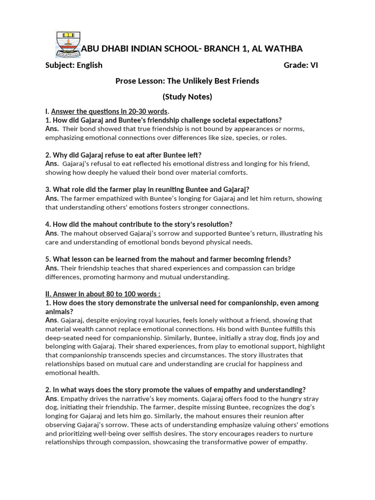 Unlikely The Best Friends - Study Notes | PDF | Friendship | Empathy