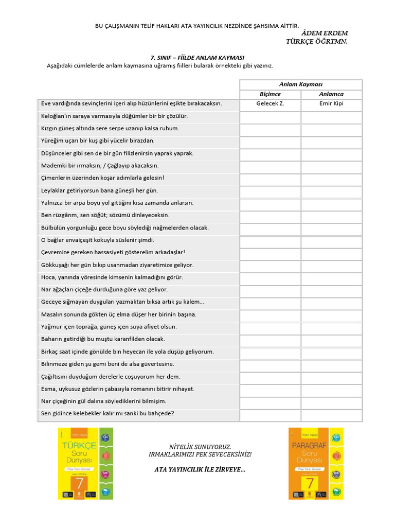 7. SINIF FİİLDE ANLAM KAYMASI (ETKİNLİK)-1 | PDF