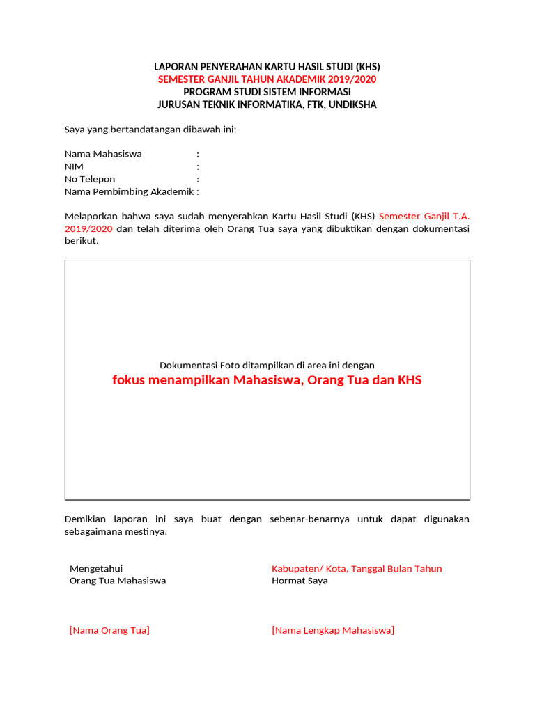 Format Laporan Penyerahan KHS 1 | PDF
