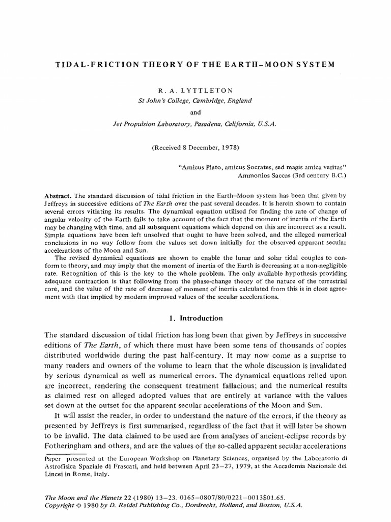Lyttleton (1980) Tidal Friction Theory 11p | PDF | Moon | Mechanics