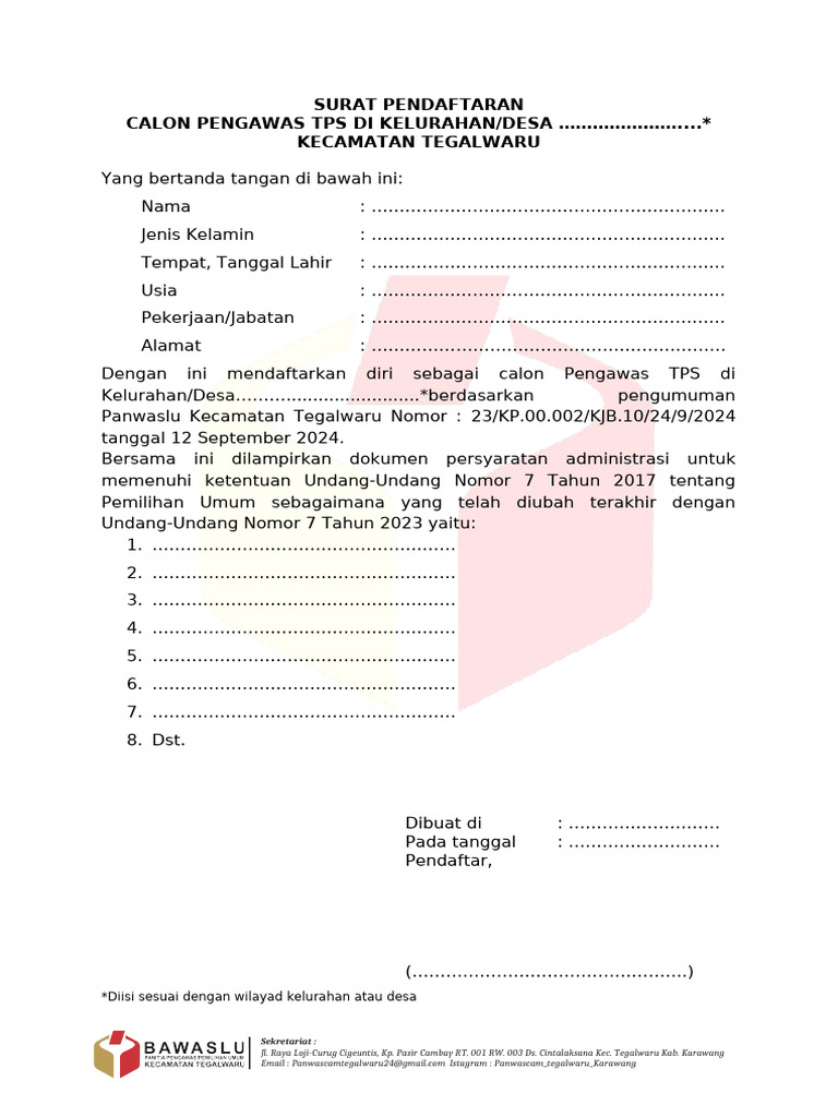 Form Persyaratan Pendaftaran PTPS Panwascam Tegalwaru | PDF