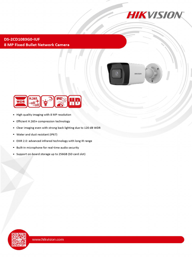 Iris Maroc Camera de Surveillance Ip Hikvision Fixed Bullet Built in Mic 8 MP Ds 2cd1083g0 Iuf ...