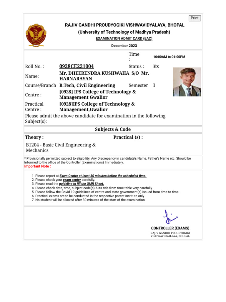 December 2023 B.Tech Admit Card | PDF