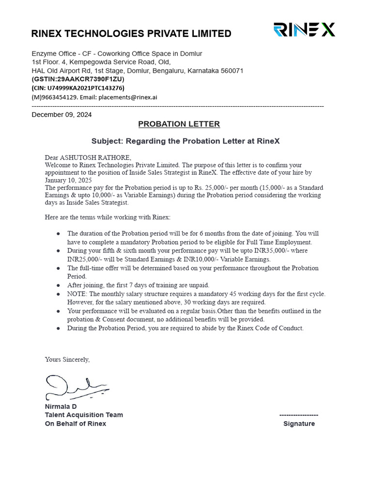 Probation Letter-Ashutosh Rathore | PDF