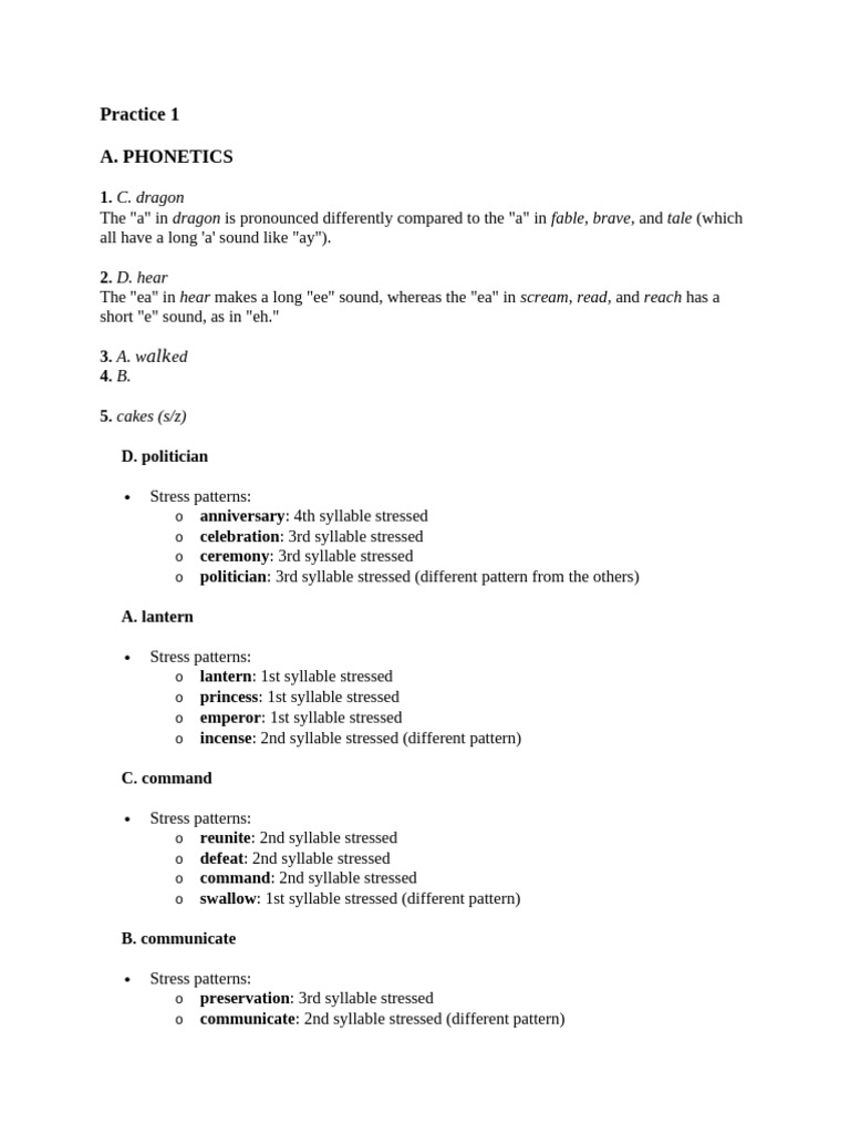 Practice 1, 2 Answer Keys | PDF | Plural | Stress (Linguistics)