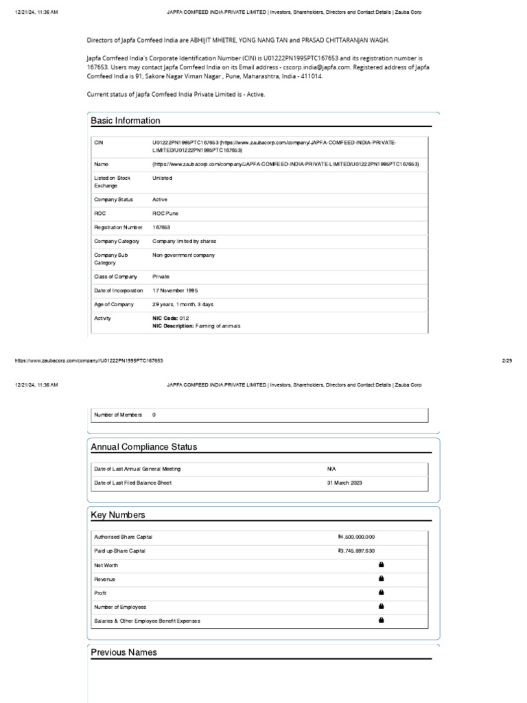 JAPFA COMFEED INDIA PRIVATE LIMITED - Investors, Shareholders ...