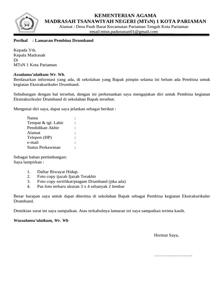 Surat Lamaran Drumband | PDF