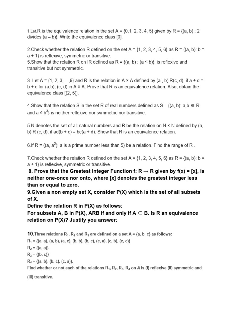 Class-12th ch.-1 (Worksheet)-1 | PDF | Integer | Mathematical Objects