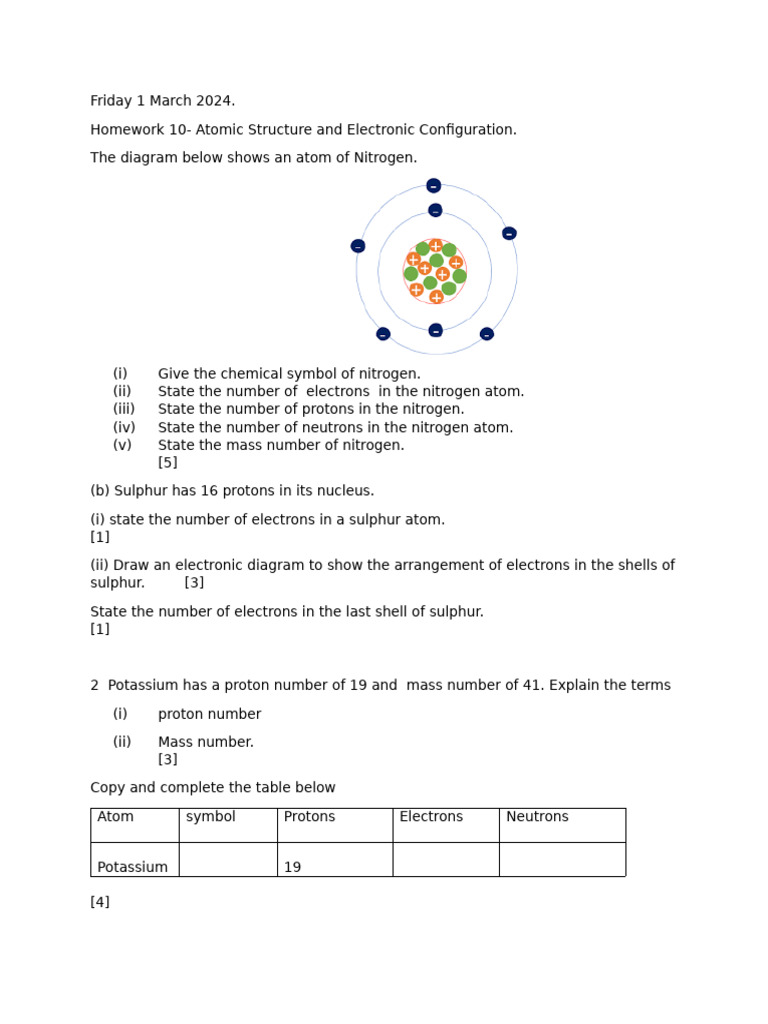 Homework 10 - Atomic Structure and Electronic Configuration. | PDF