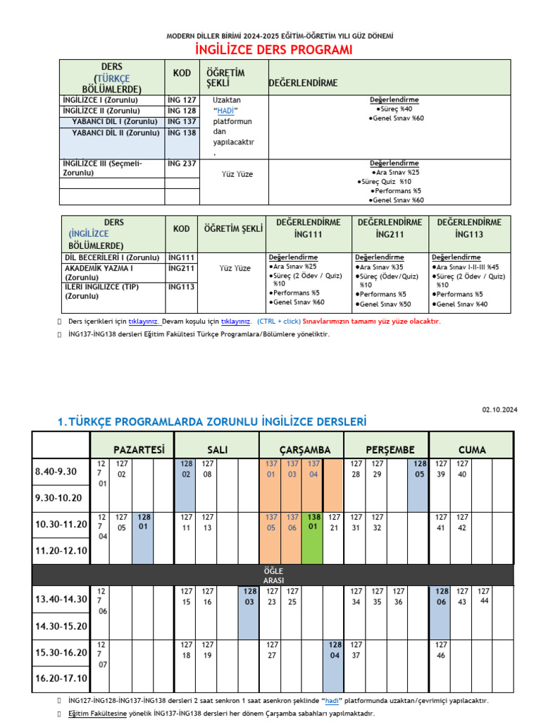 2024-25 Guz Ingılızce Ders Program | PDF