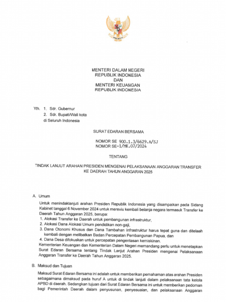 SEB Tindak Lanjut Arahan Presiden Mengenai Pelaksanaan Anggaran TKD TA ...