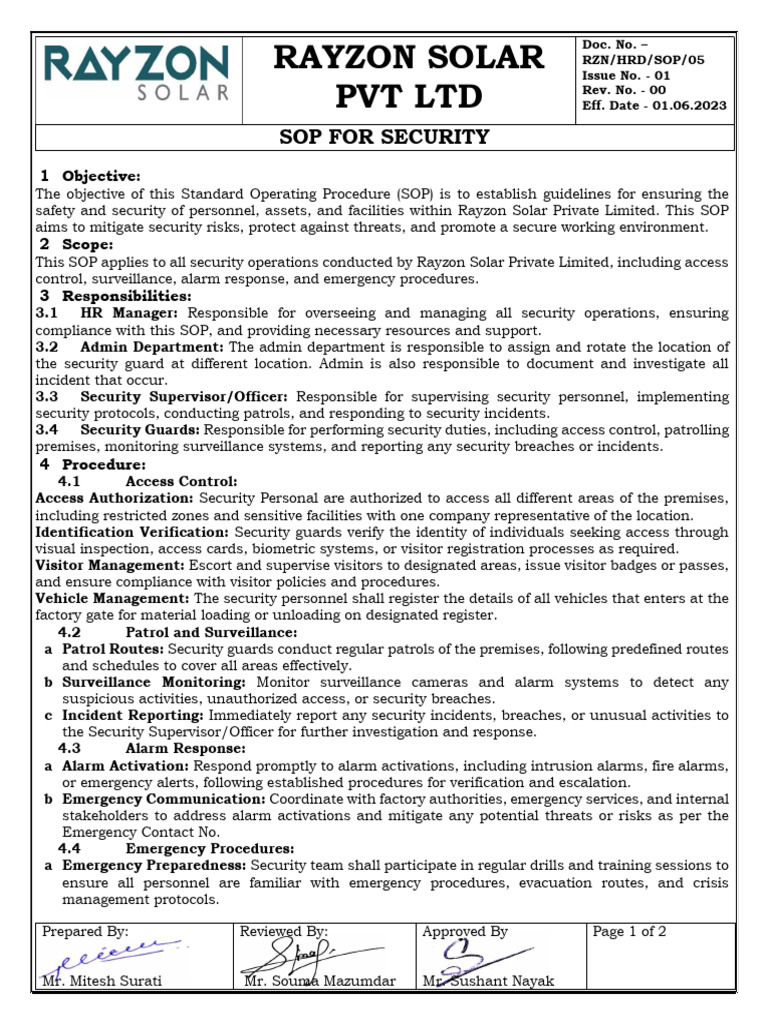 RZN-HRD-SOP-05 - SOP of Security | PDF | Emergency | Security Guard