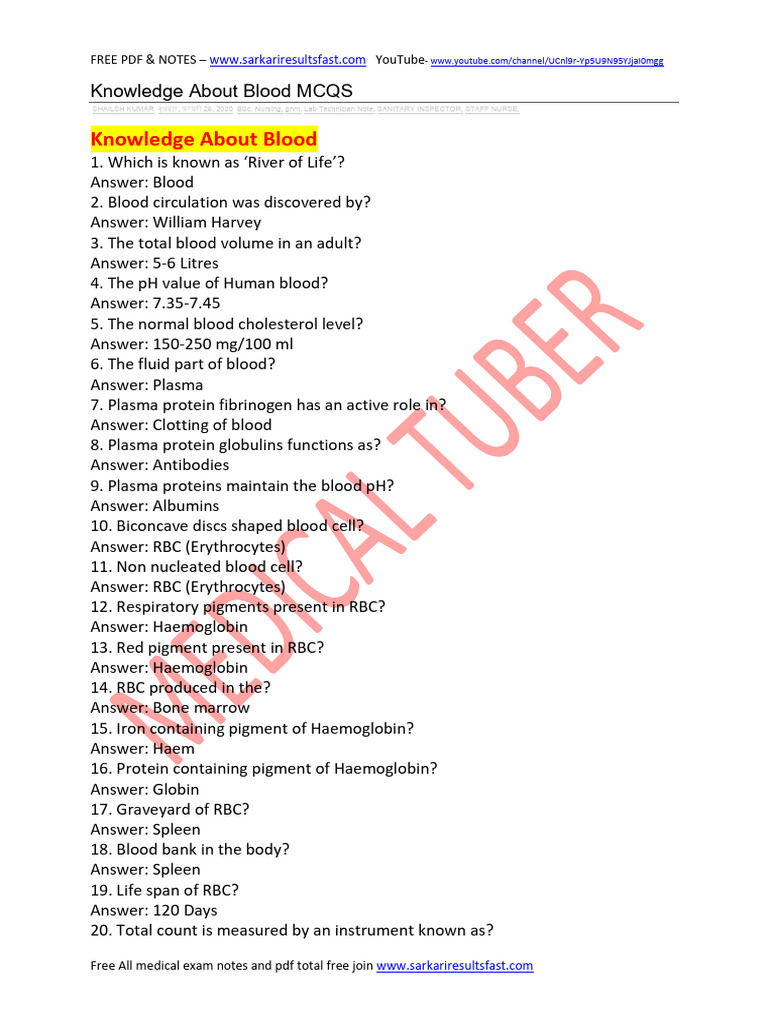 Blood Knowledge MCQs and Notes PDF | PDF | Red Blood Cell | Blood Type