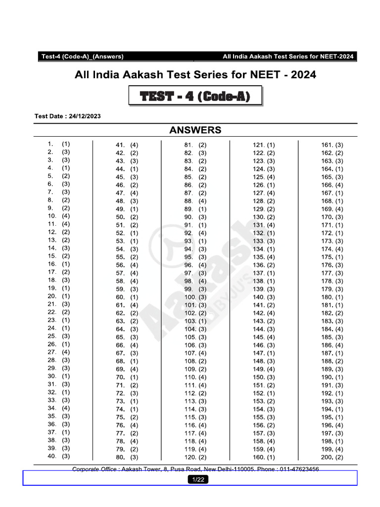 AIATS 4 CODE A OYM BATCH Answer Key @CET - JEE - NEET | PDF