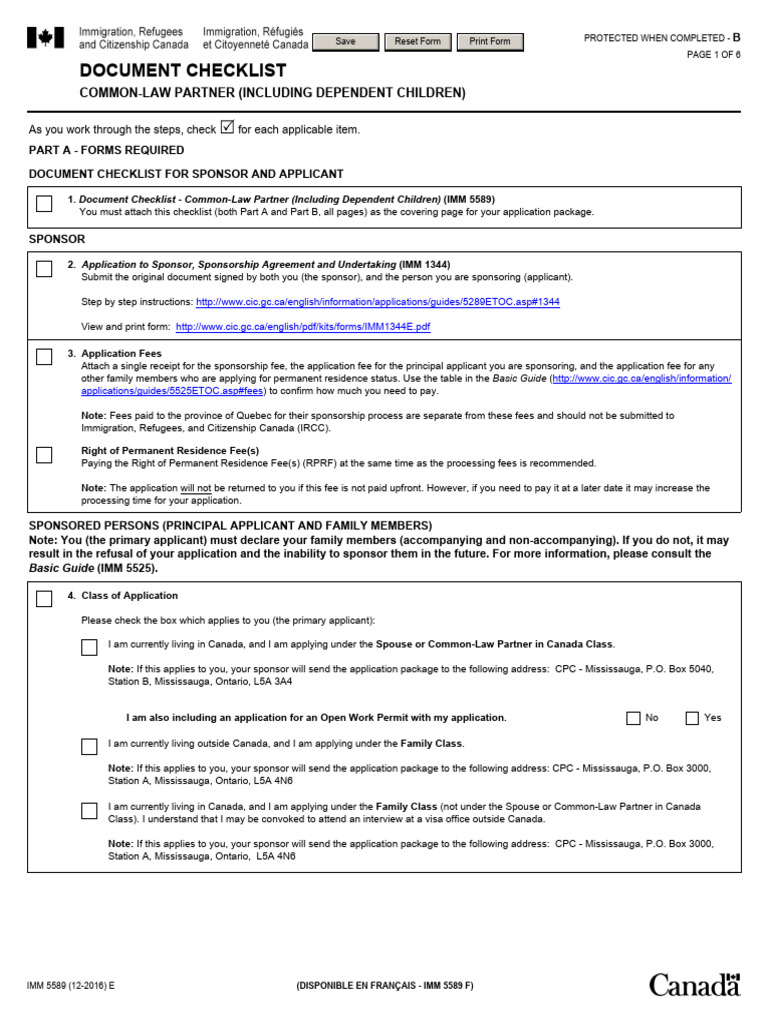 Document Checklist Common Law Partner Including Dependent Children ...