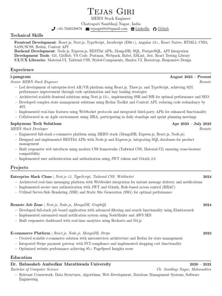 MERN Stack Engineer Resume | PDF | Software Engineering | Computing