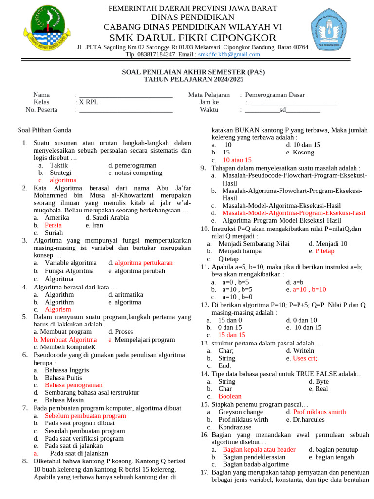 SOAL PAS PEMROGRAMAN DASAR KELAS X SEM 1 | PDF