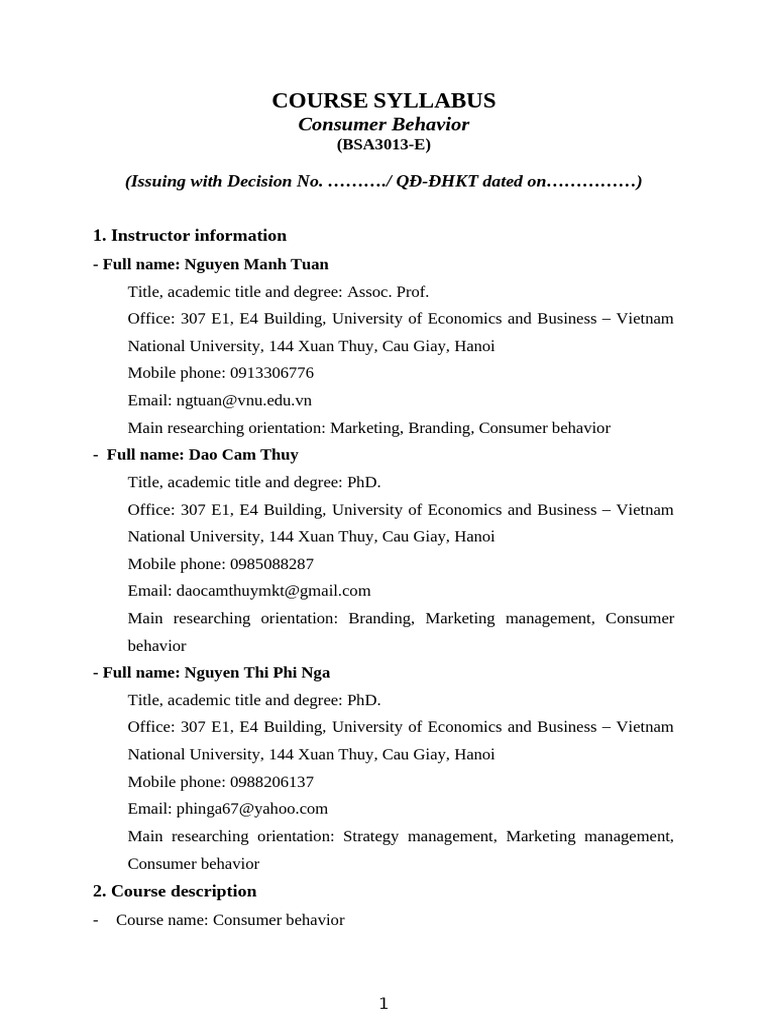 Consumer Behavior - Syllabus - 2020 - Dao Cam Thuy - 16.9 | PDF ...