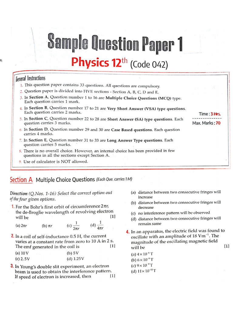 Physics Sample Paper 1,2,3 | PDF