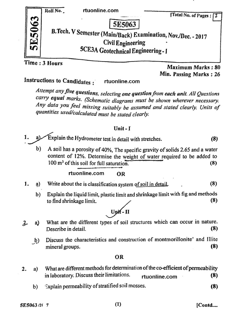 Btech Ce 5 Sem Geotechnical Engineering 1 5e5063 Dec 2017 | PDF