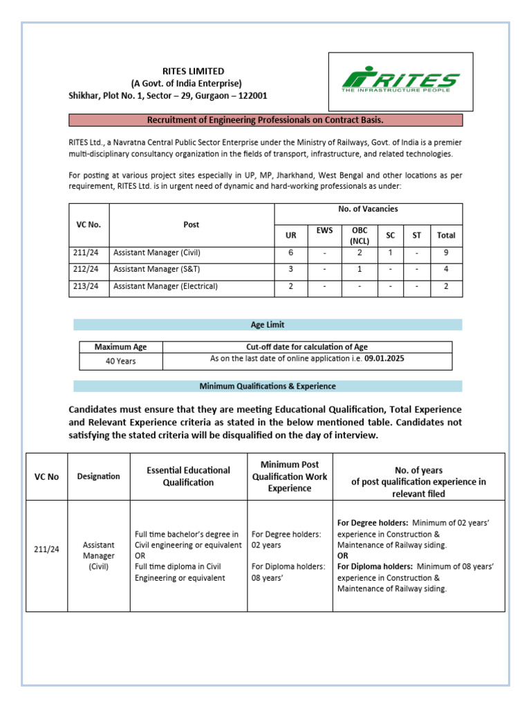 Notification For Rites Assistant Manager Post 67693d35c407530145757 ...