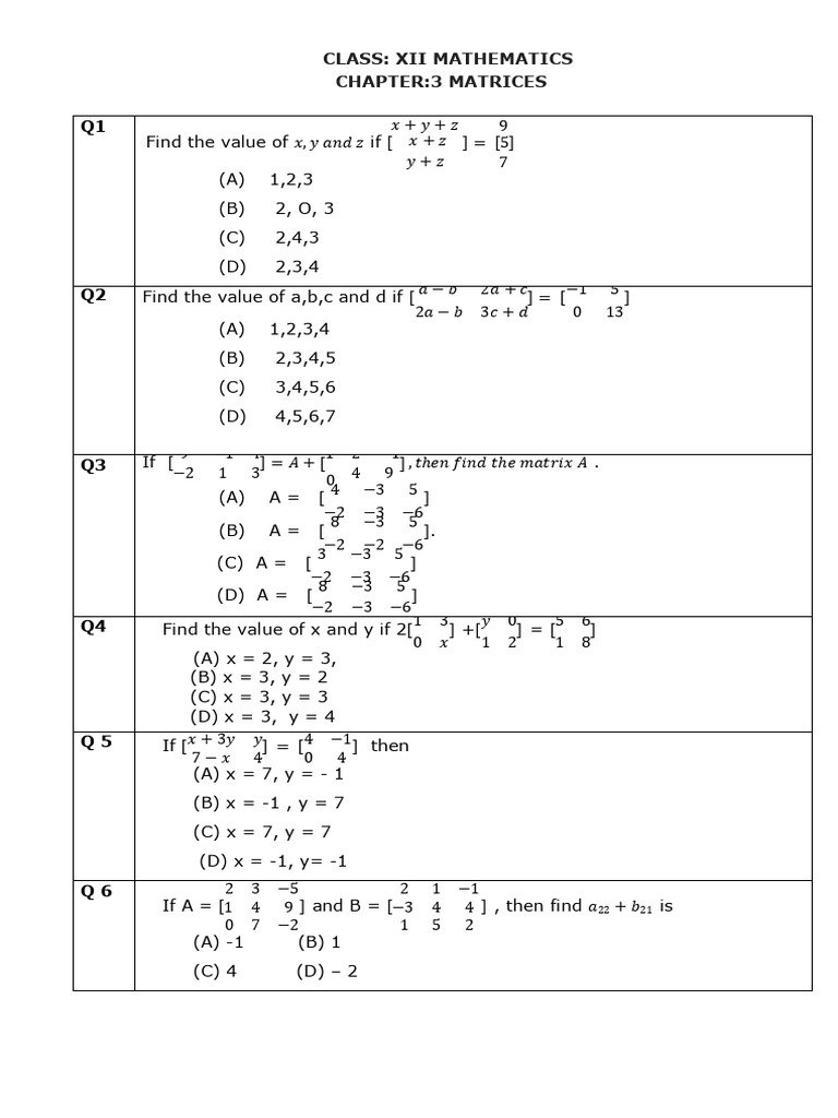 CLASS XII Mathematics CH 3MCQ | PDF | Matrix (Mathematics) | Linear Algebra