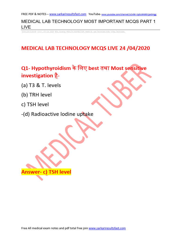 Medical Lab Technology Most Important MCQS Part 1 Live | PDF