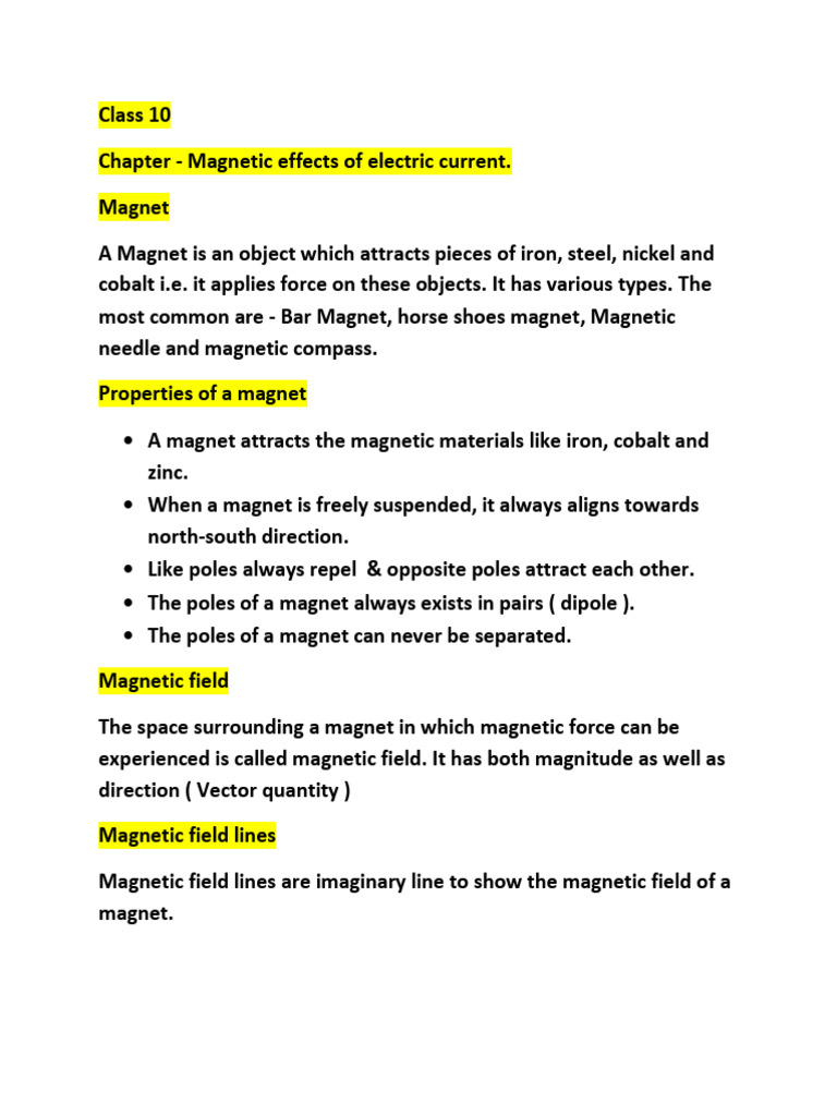 Class 10-Notes CH - Magnetic | PDF | Electromagnetic Induction ...