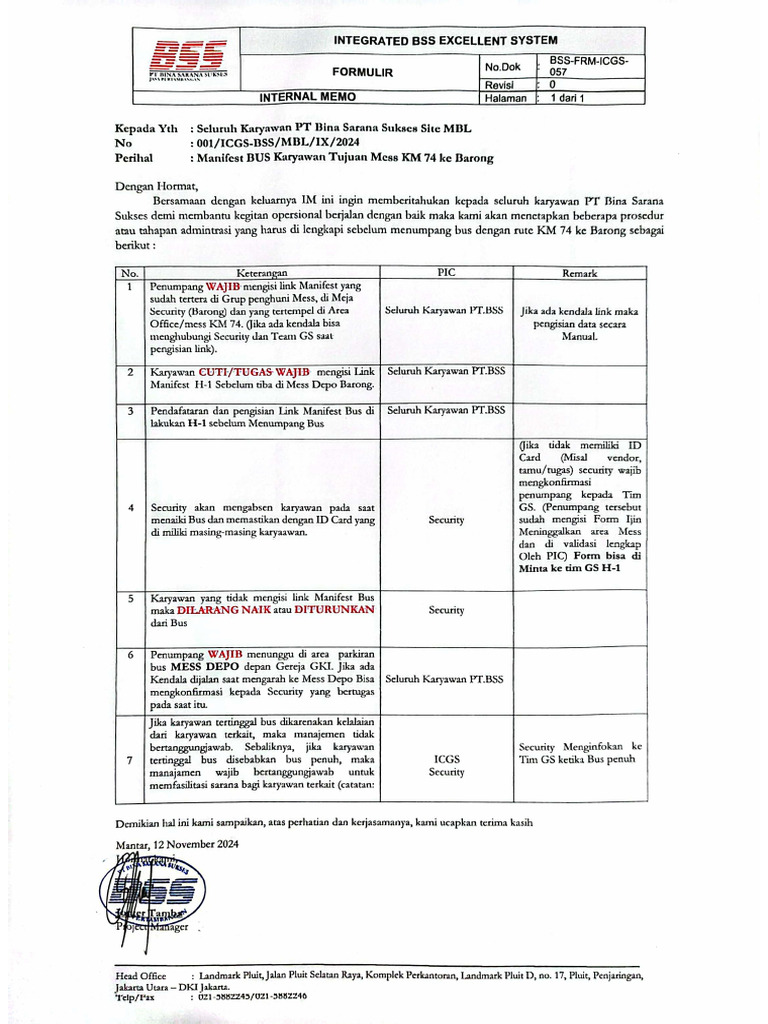 IM DAN FORM KHUSUS VENDOR MANIFEST BUS (RUTE MESS KM 74 DAN BARONG) | PDF