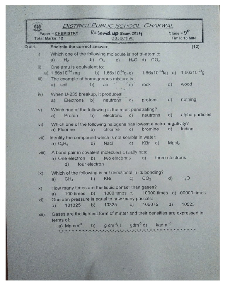 Class 9th Chemistry Objective Paper | PDF