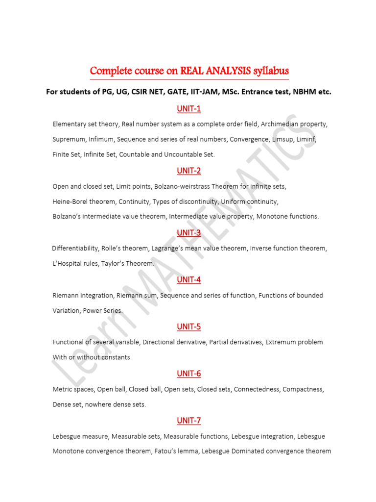 Real Analysis Syllabus Overview | PDF