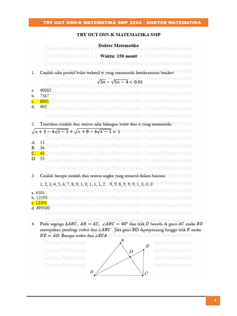 Soal TryOut SMP Dokter Matematika 2024 | PDF