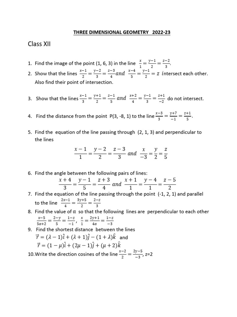 Three Dimensional Geometry 2022-23 | PDF | Line (Geometry ...