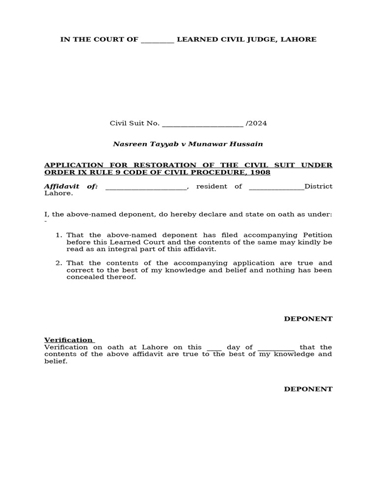 Restoration Application Format for Court | PDF