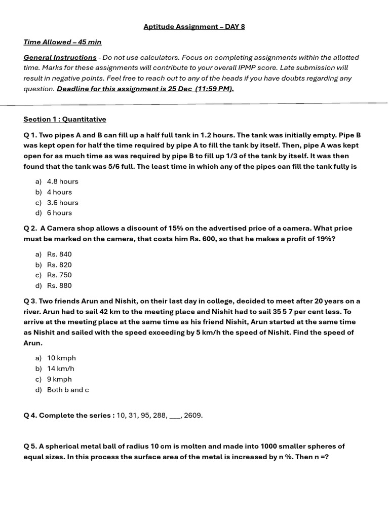 Aptitude Assignment DAY 8 | PDF | Mathematics | Sphere