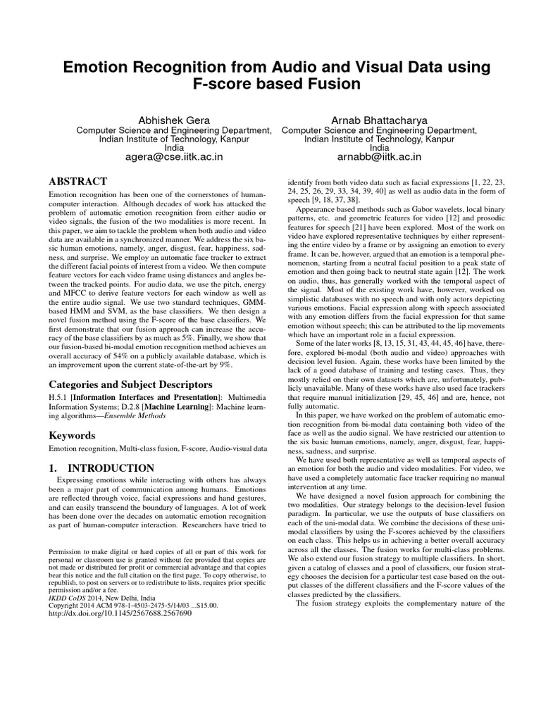 Emotion Recognition from Audio and Visual Data using F-score based Fusion | PDF | Statistical ...