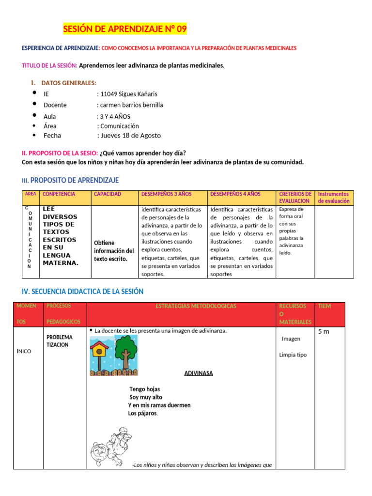 Sesión de Aprendizaje Inicial | PDF | Aprendizaje | Evaluación