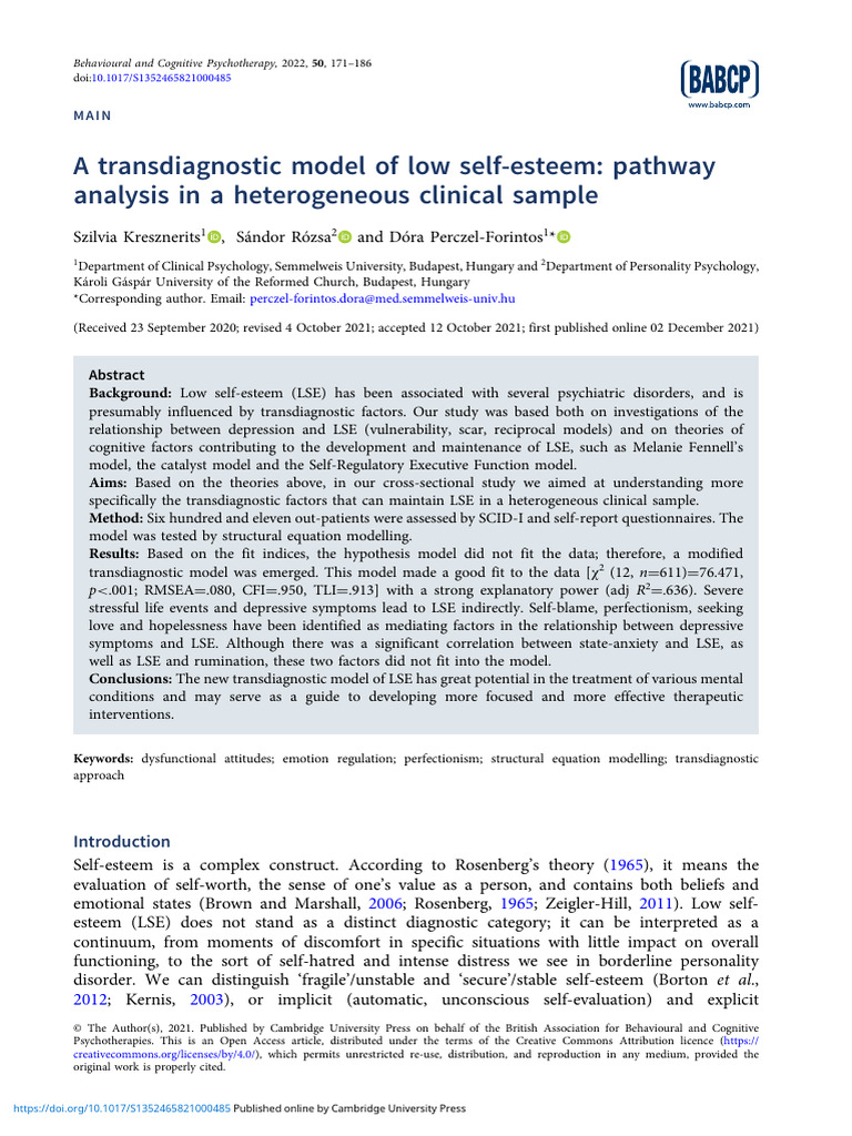 Kresznerits Et Al (2022) Transdiagnostic Model Low Self Esteem | PDF | Self Esteem | Psychology