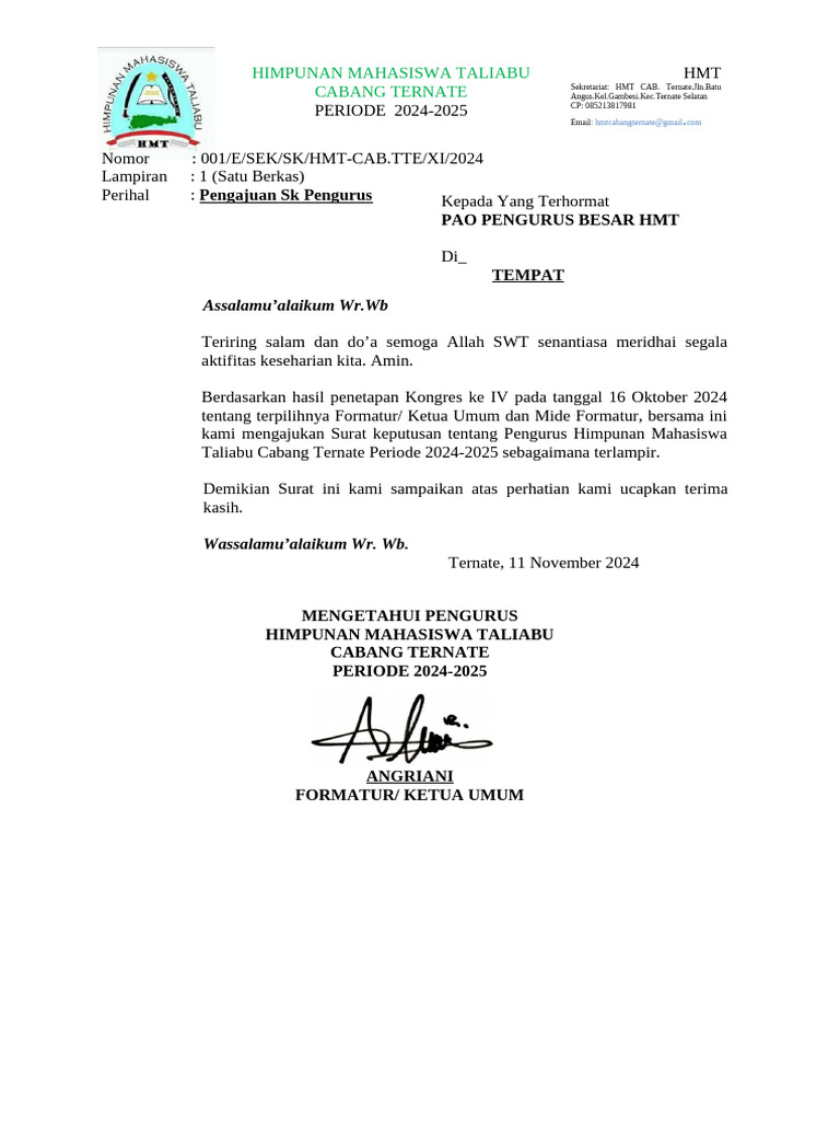Pengajuan SK Pengurus HMT Cab Ternate | PDF