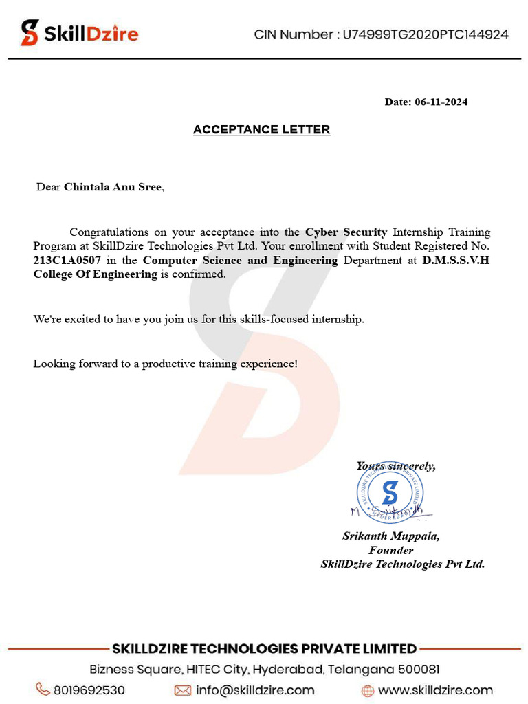 Cyber Security Internship Acceptance Letter | PDF
