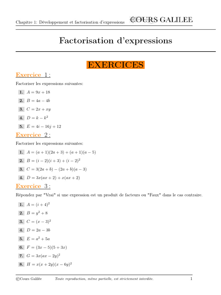 Exercices de factorisation mathématique | PDF | Mathématiques