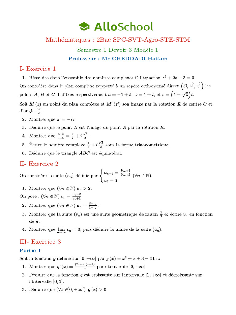 Math 2bac SPC Semestre 1 Devoir 3 Modele 1 | PDF