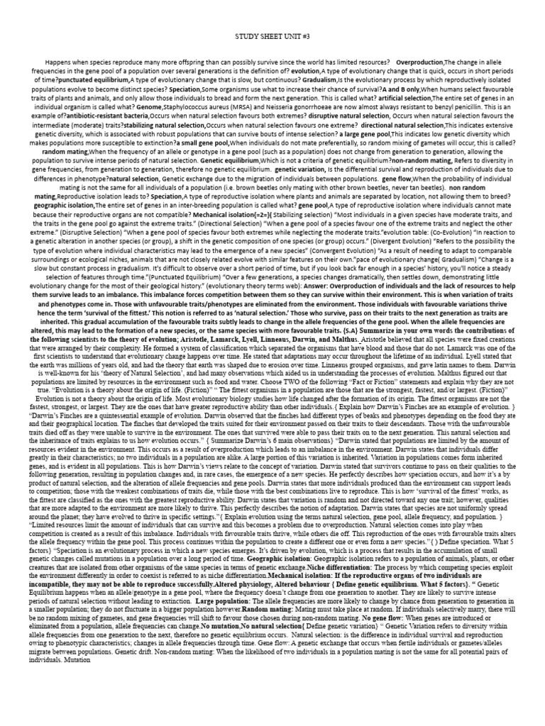Unit 3 Study Sheet | PDF | Natural Selection | Evolution