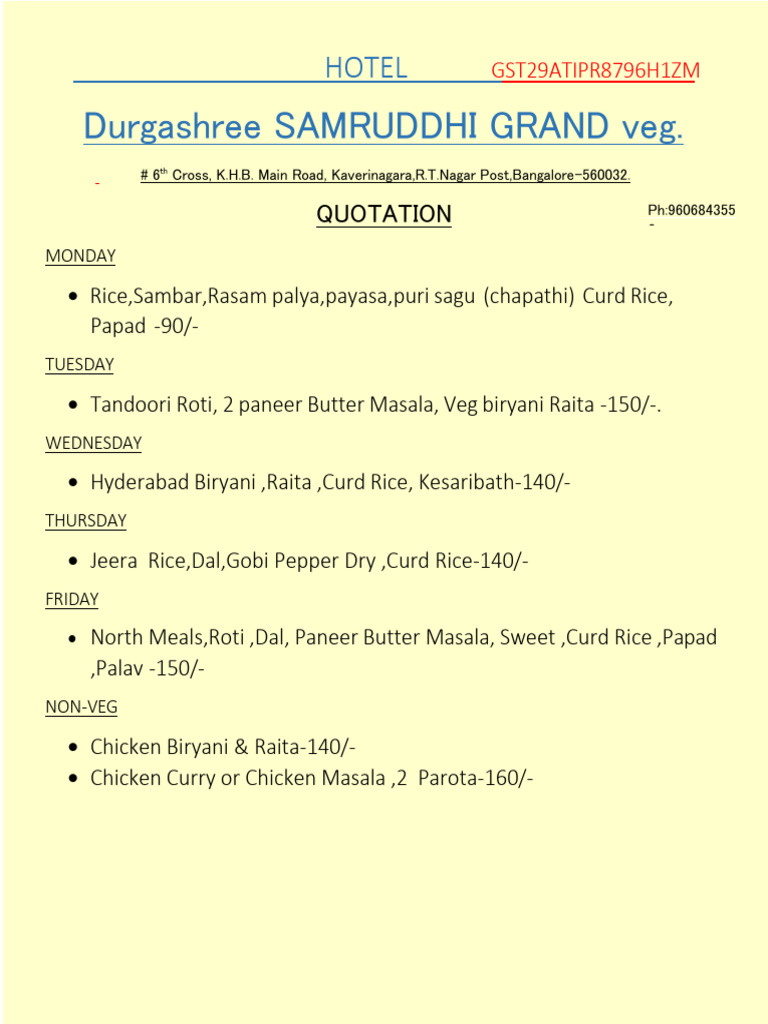 Weekly Veg & Non-Veg Menu | PDF