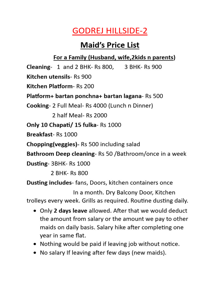 Maid Price Edited1 | PDF