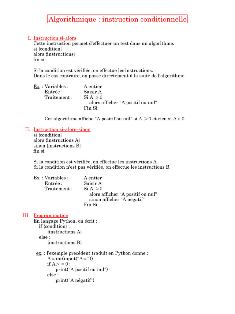 Algorithmique Condition | PDF