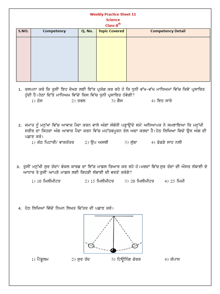 Class 8 Science Weekly Practice Sheet | PDF | Sound | Hertz